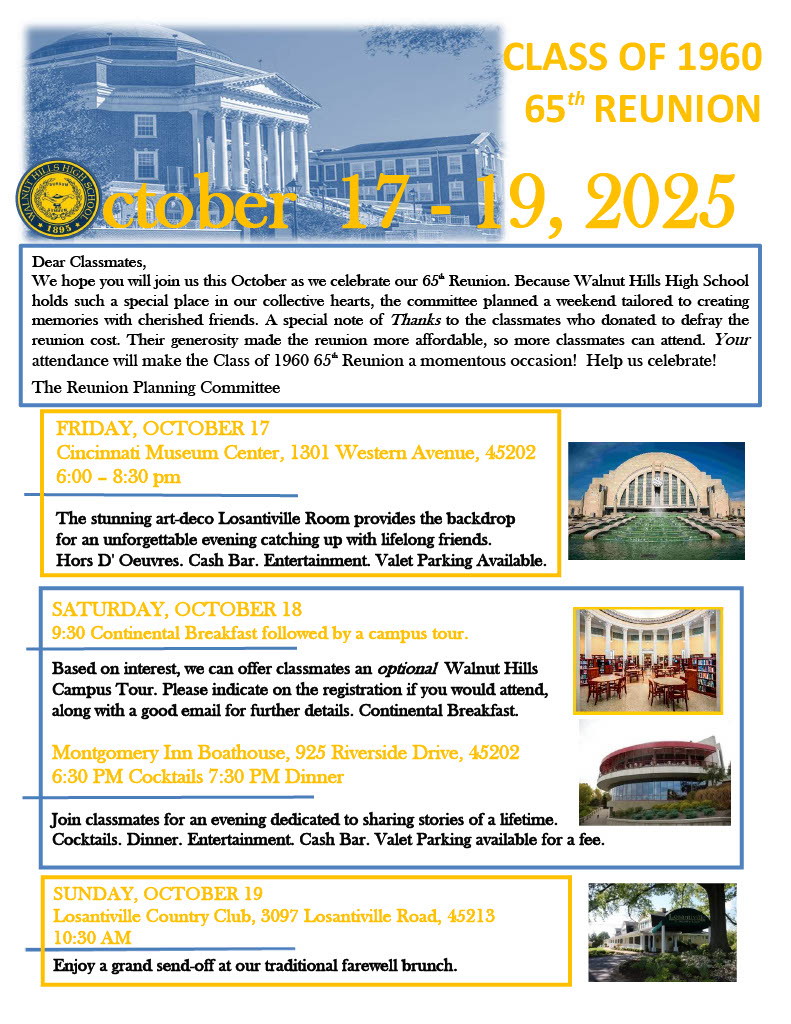 Class of 1960 65th Reunion & Fundraising - Walnut Hills High School ...